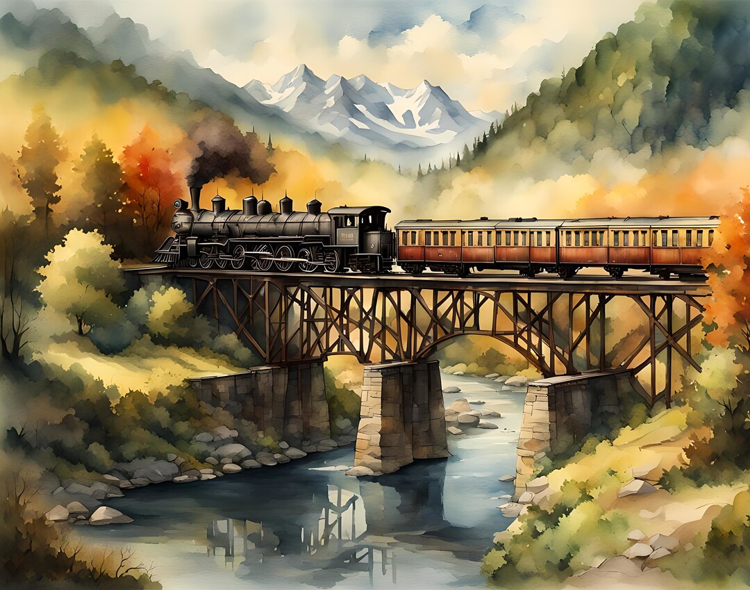Watercolor Train Autumn Fall, Mountain Landscape Painting, Digital ...