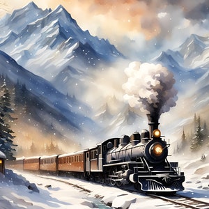 Winter, Railroad, Train, Watercolor, Digital Art, Download, Snow ...