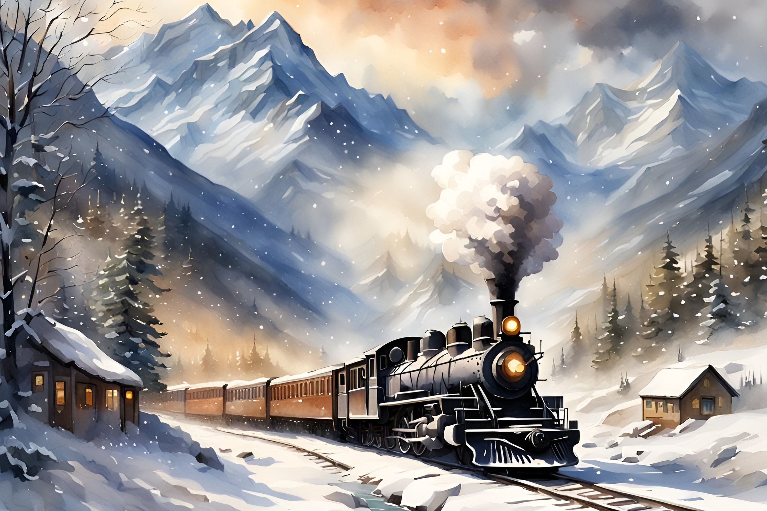 Winter, Railroad, Train, Watercolor, Digital Art, Download, Snow ...