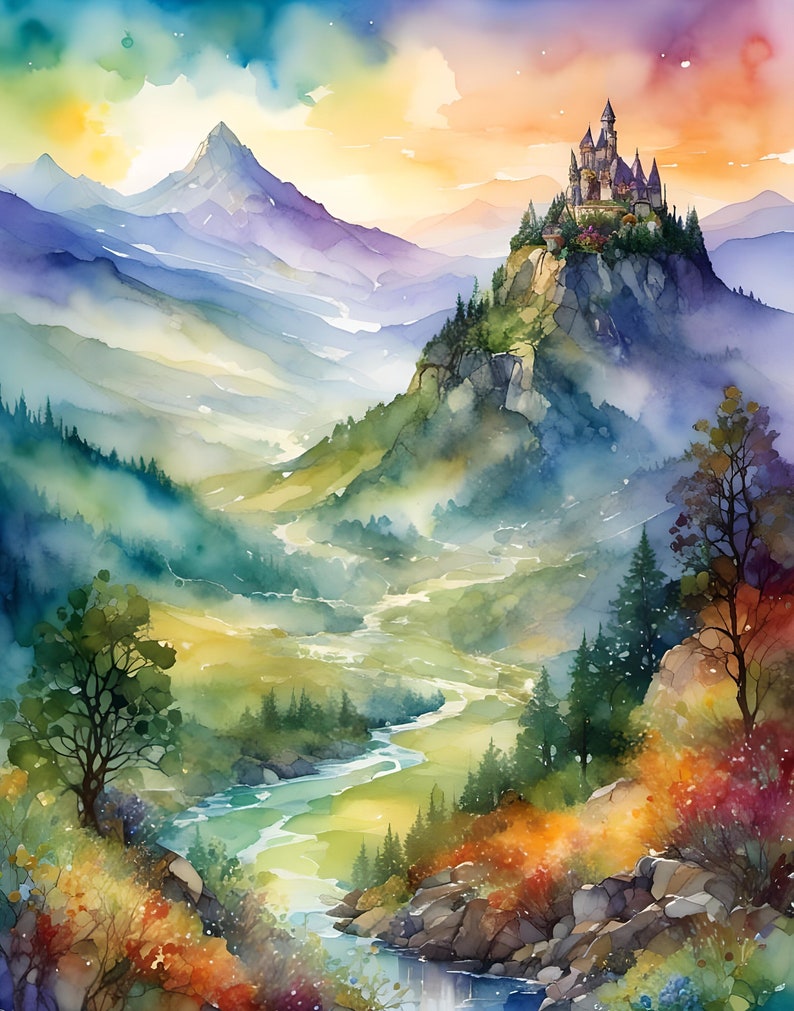 Glass Castle, Mountains, Trees, Watercolor, Wall Art, Digital Art ...