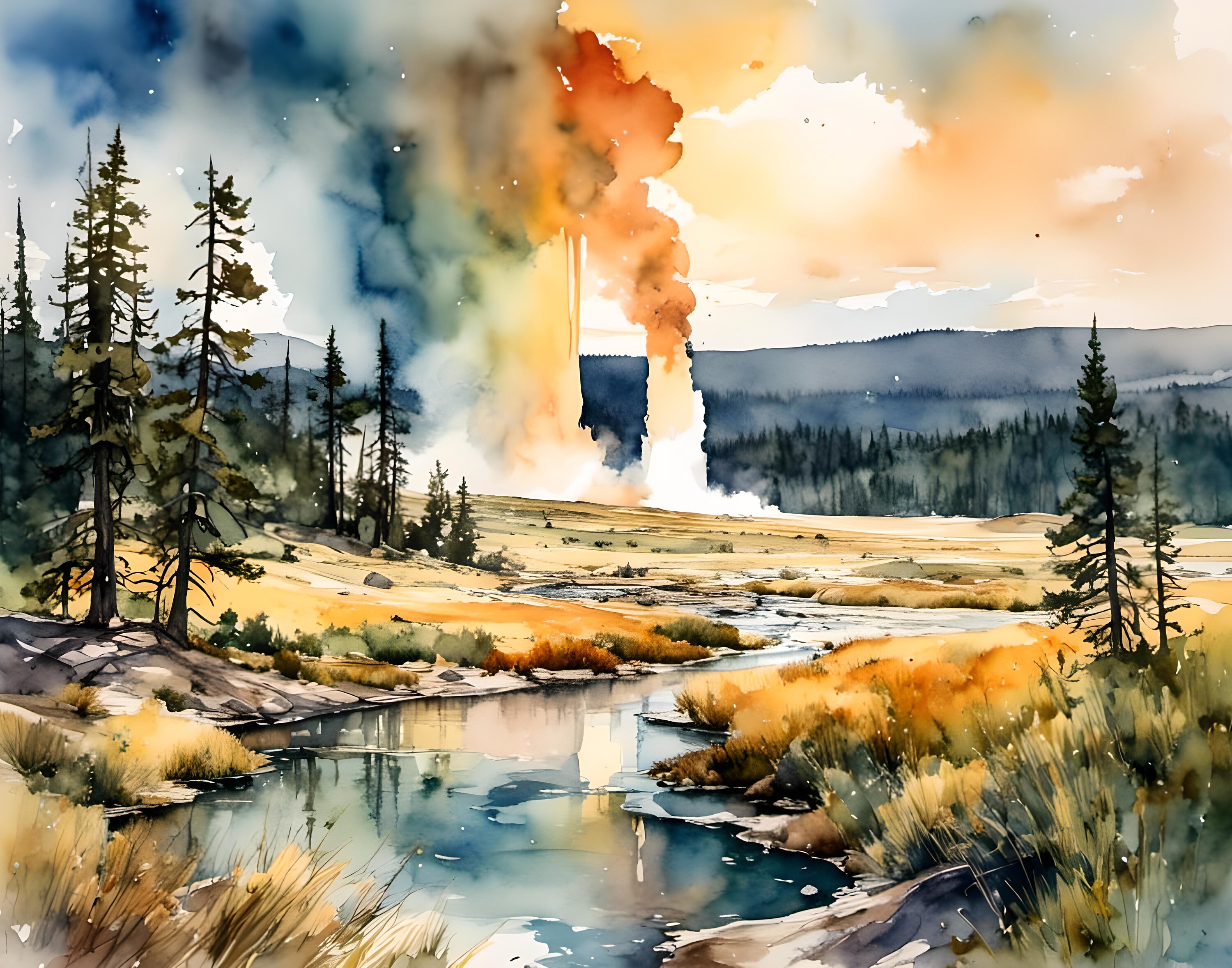 Scenic Yellowstone Painting of Erupting Geyser in Watercolor Landscape ...