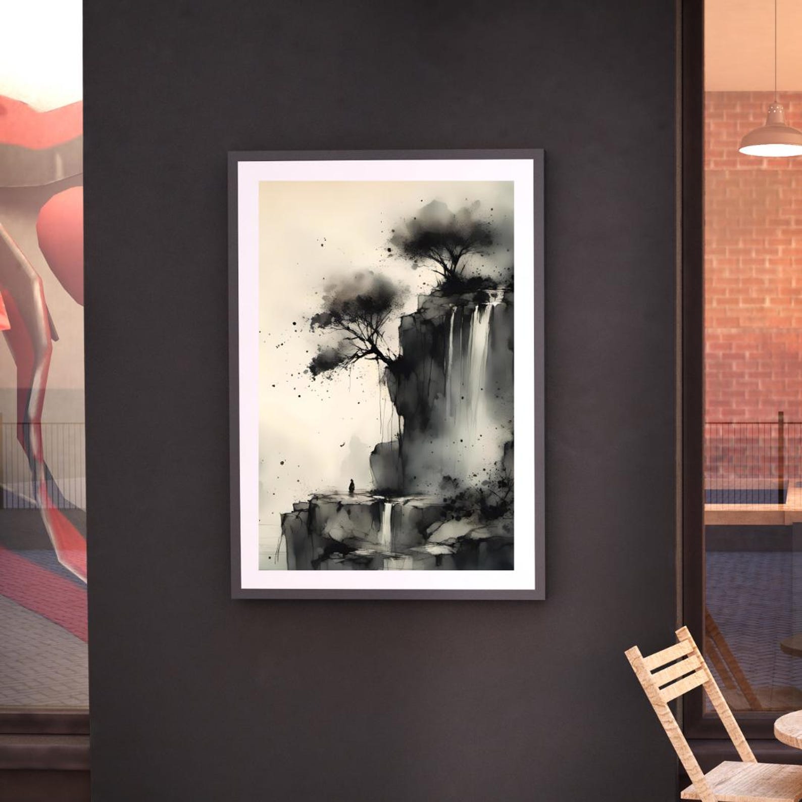 Japanese Mountains Waterfall Art: Pen and Ink Style, Japandi Minimalism ...