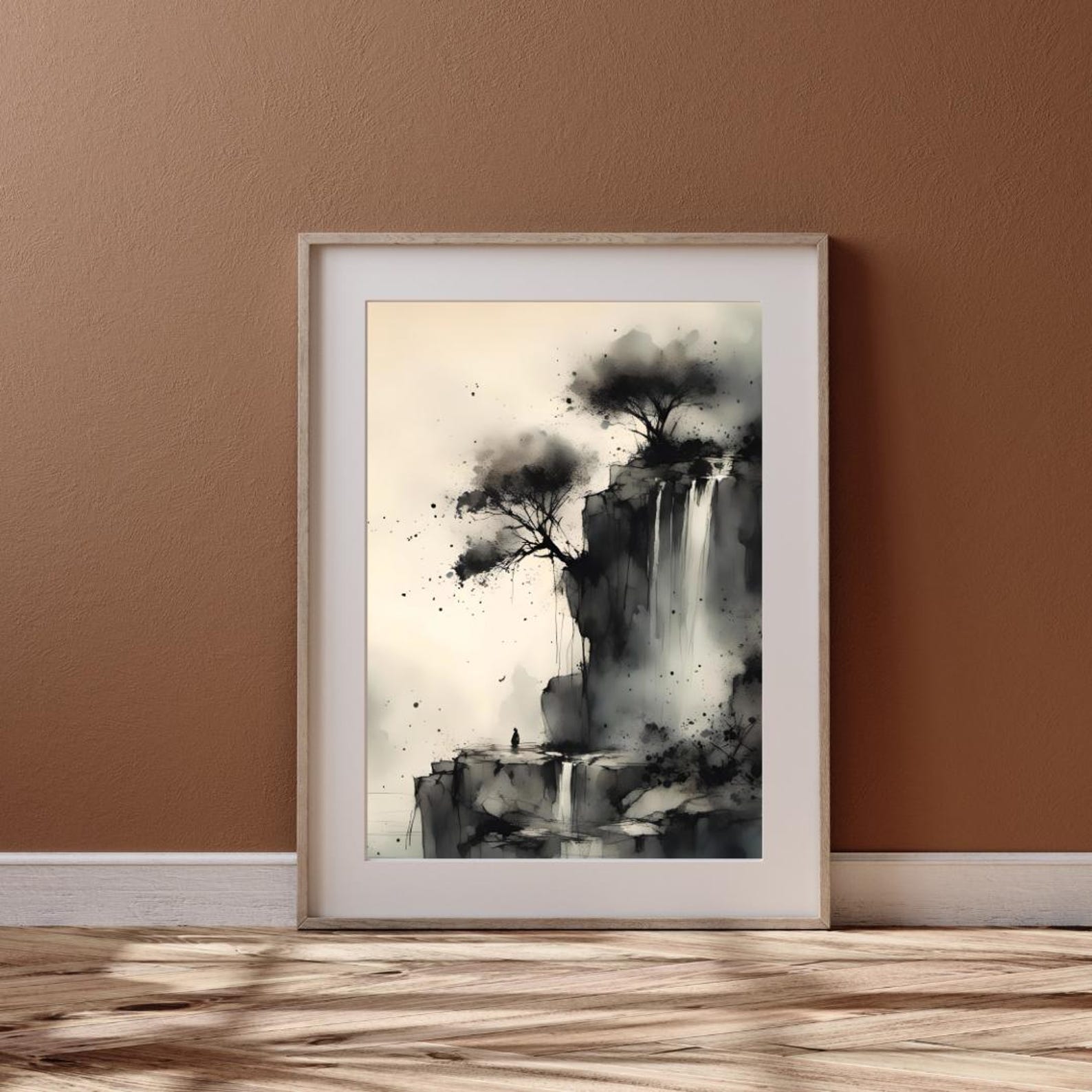 Japanese Mountains Waterfall Art: Pen and Ink Style, Japandi Minimalism ...