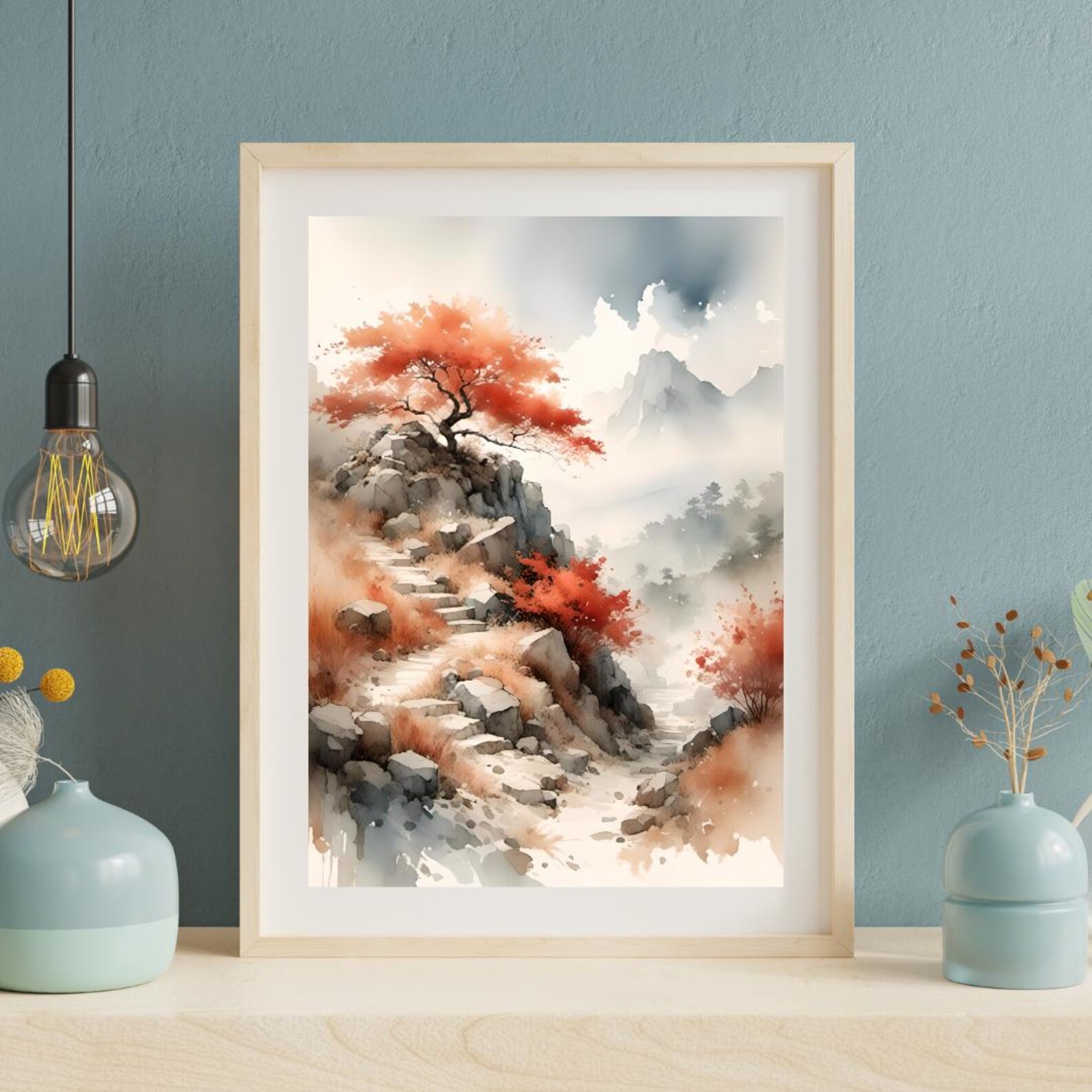 Soft Colors Japandi Wall Decor -red Maple on Cliff, Watercolor Painting ...