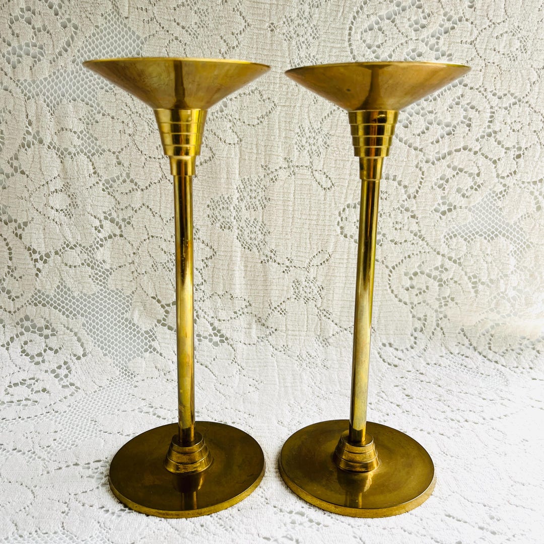 Art Deco Style Mid Century Pair Vintage Brass Stepped Trumpet Taper ...