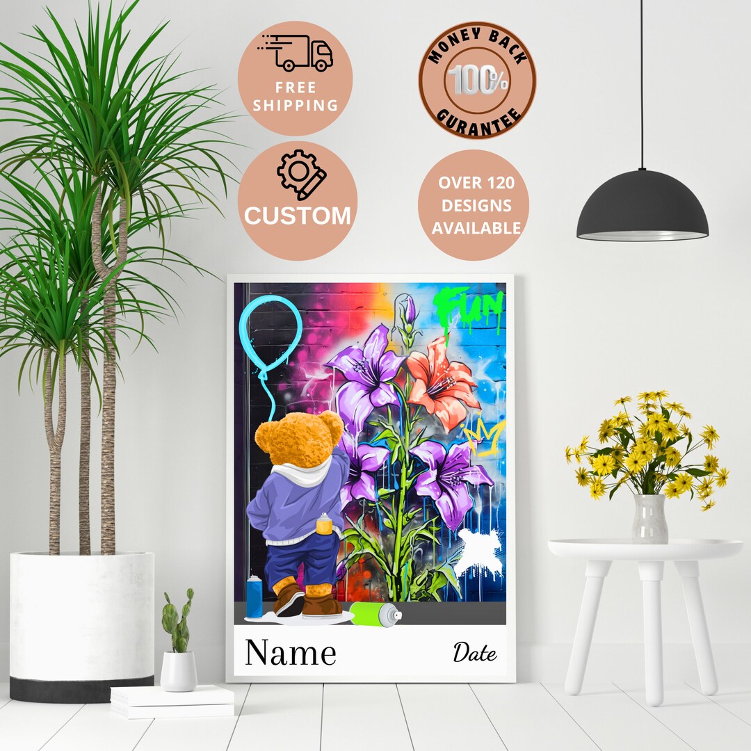Personalised Teddy Bear Graffiti July Birth Flower Handmade Wall Art ...