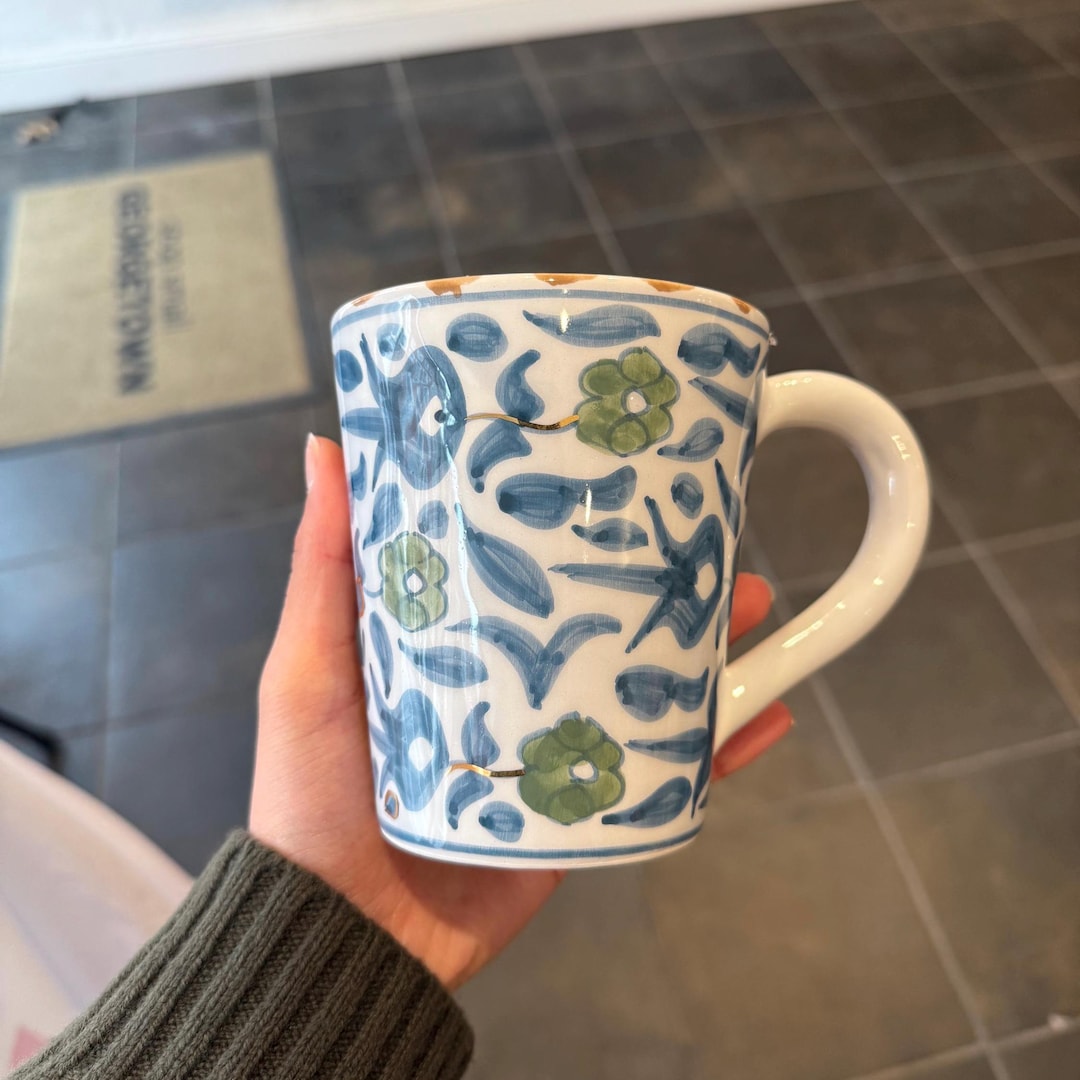 Set of 2 Moroccan Ceramic Mugs With Gold Accents – Hand-painted Floral ...