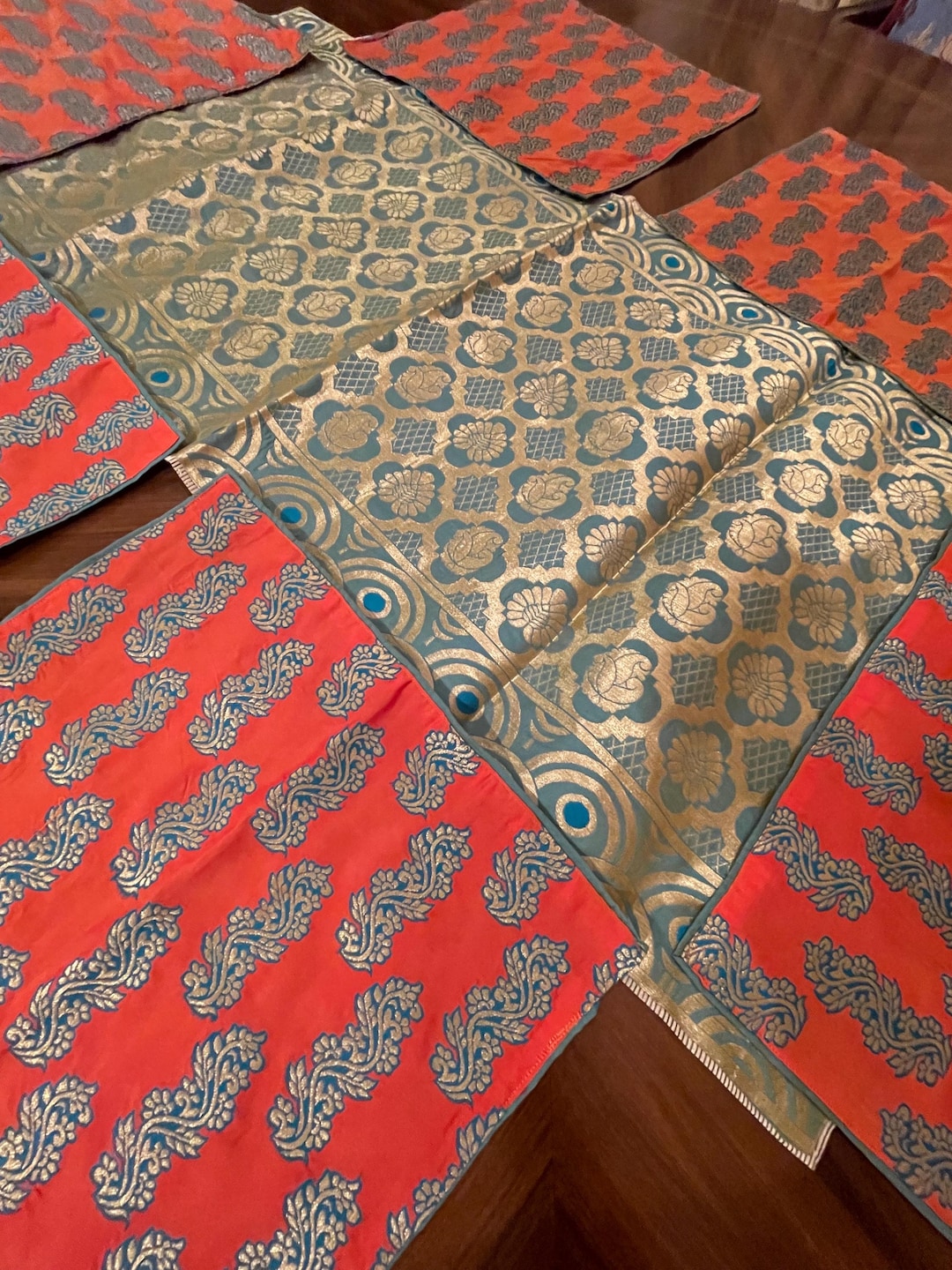 Luxurious Benarasi Silk Table Mats Set of 6 With Indian Floral Motifs ...