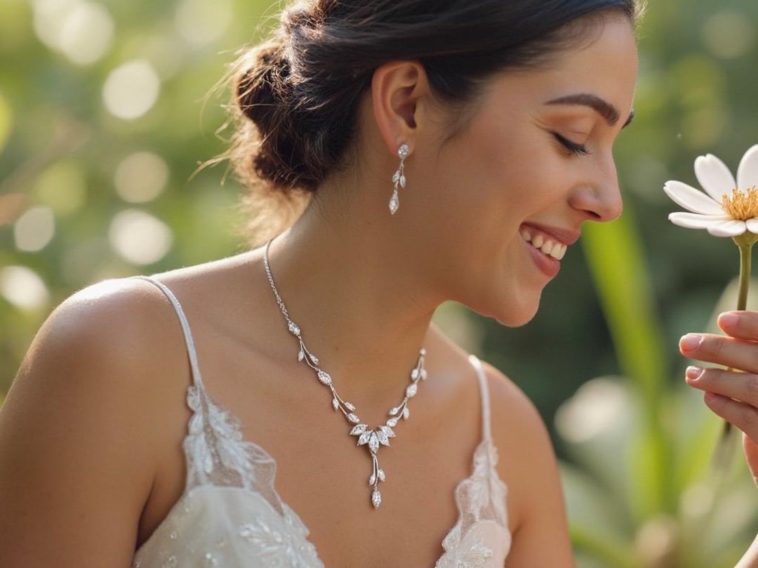 Beautiful Bridal Jewelry Set, Dainty Wedding Silver Necklace & Earring ...