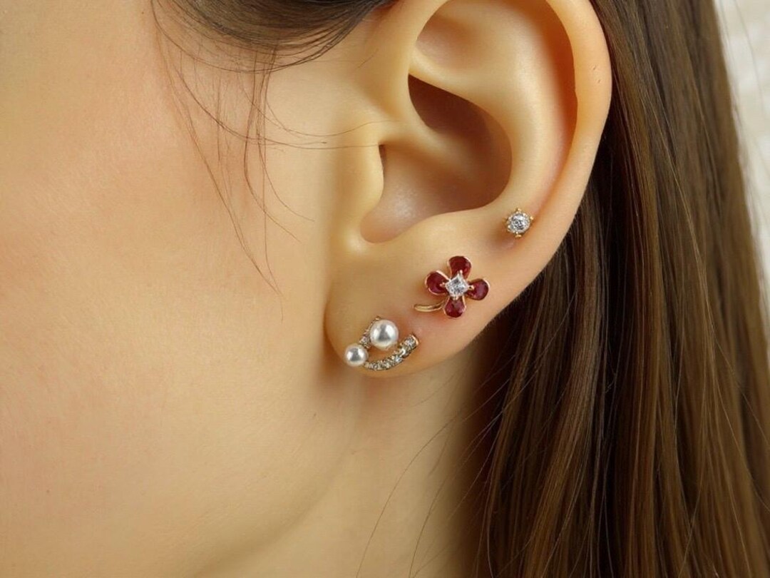 Set of 3 Gold Stud Earring Set, Stackable Earring for 3 Ear Holes ...