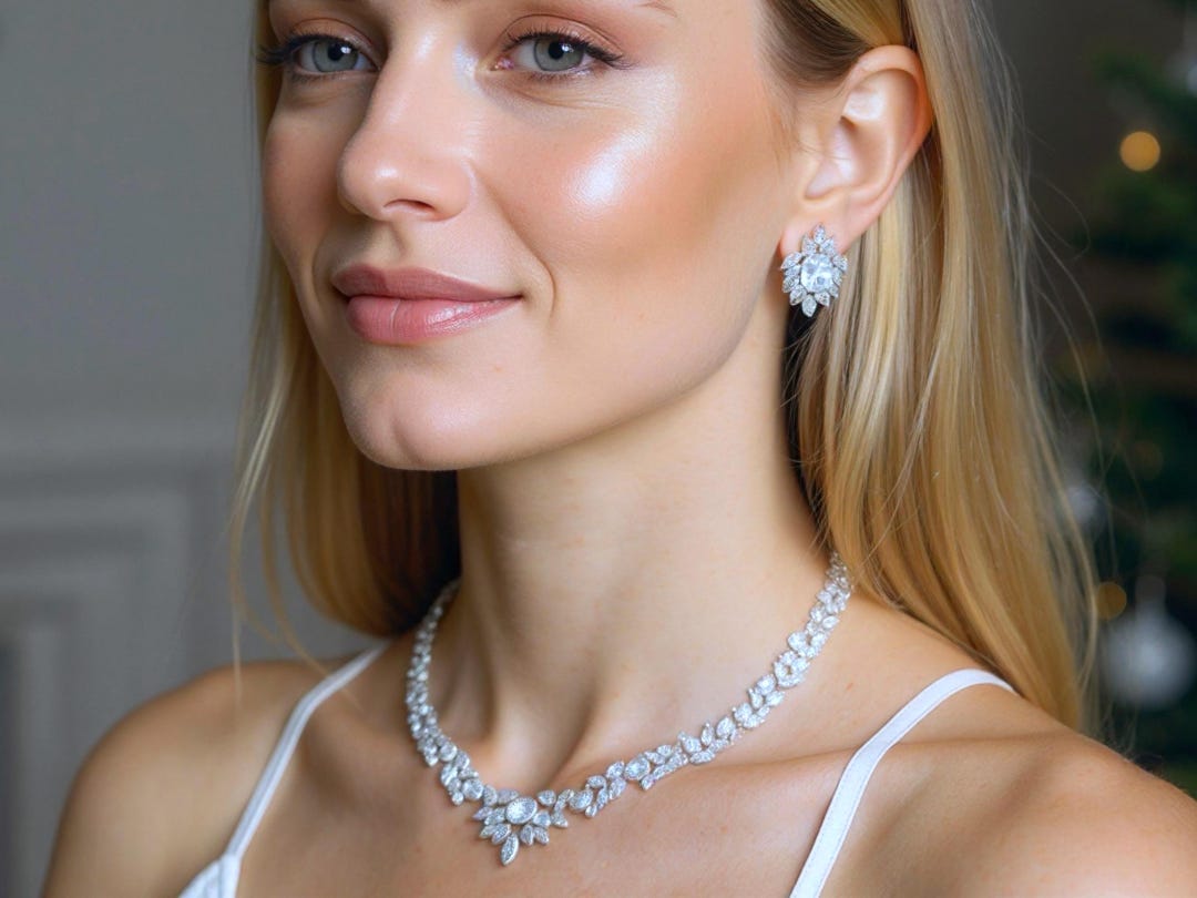 Cute Silver Bridal Jewelry Set, CZ Platinum Plated Necklace & Earring ...