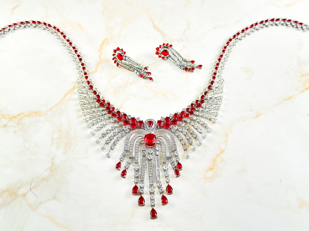 Gorgeous Red Bridal Jewelry Set, Red & Silver Necklace for Bride ...