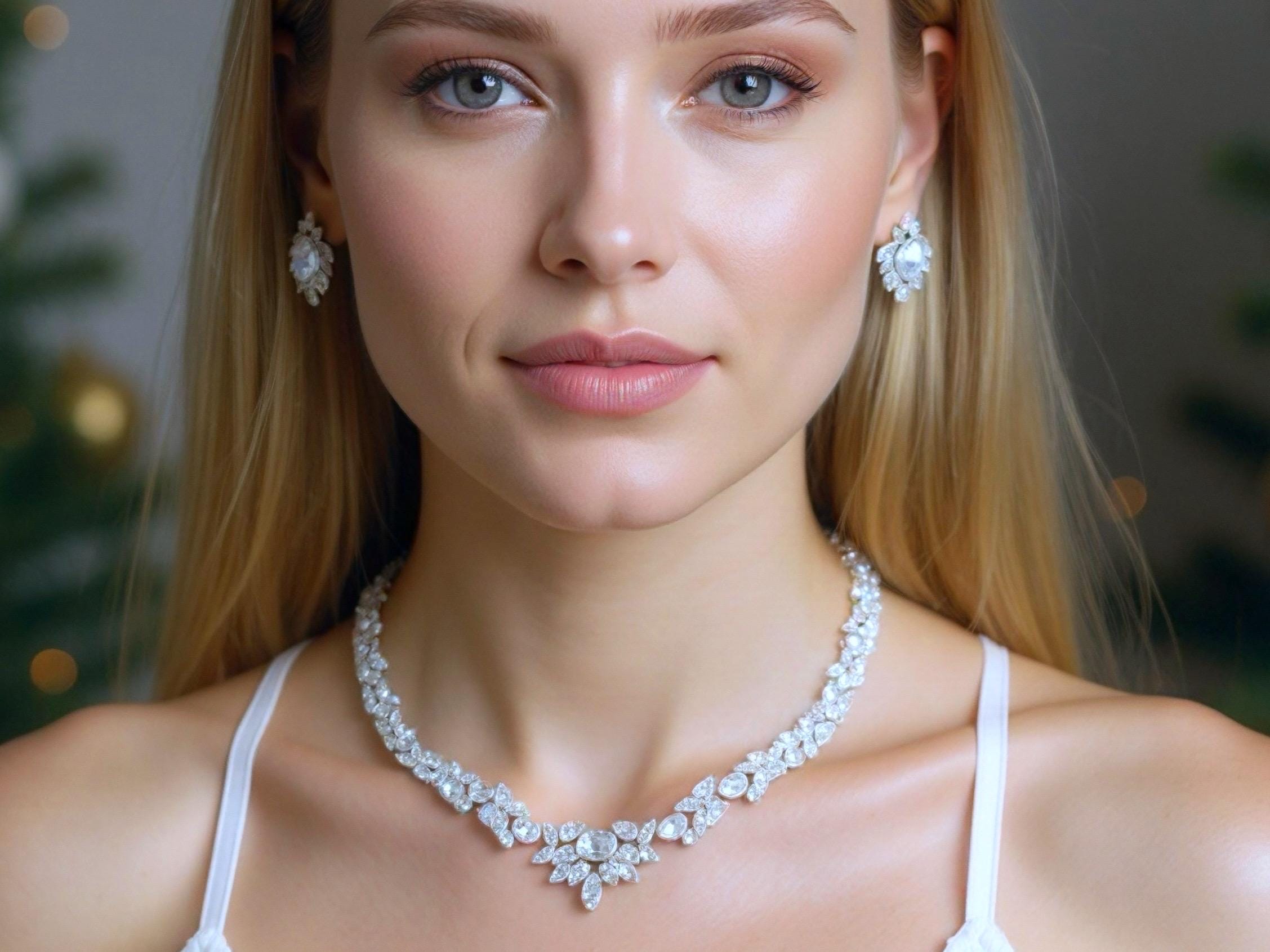 Cute Silver Bridal Jewelry Set, CZ Platinum Plated Necklace & Earring ...