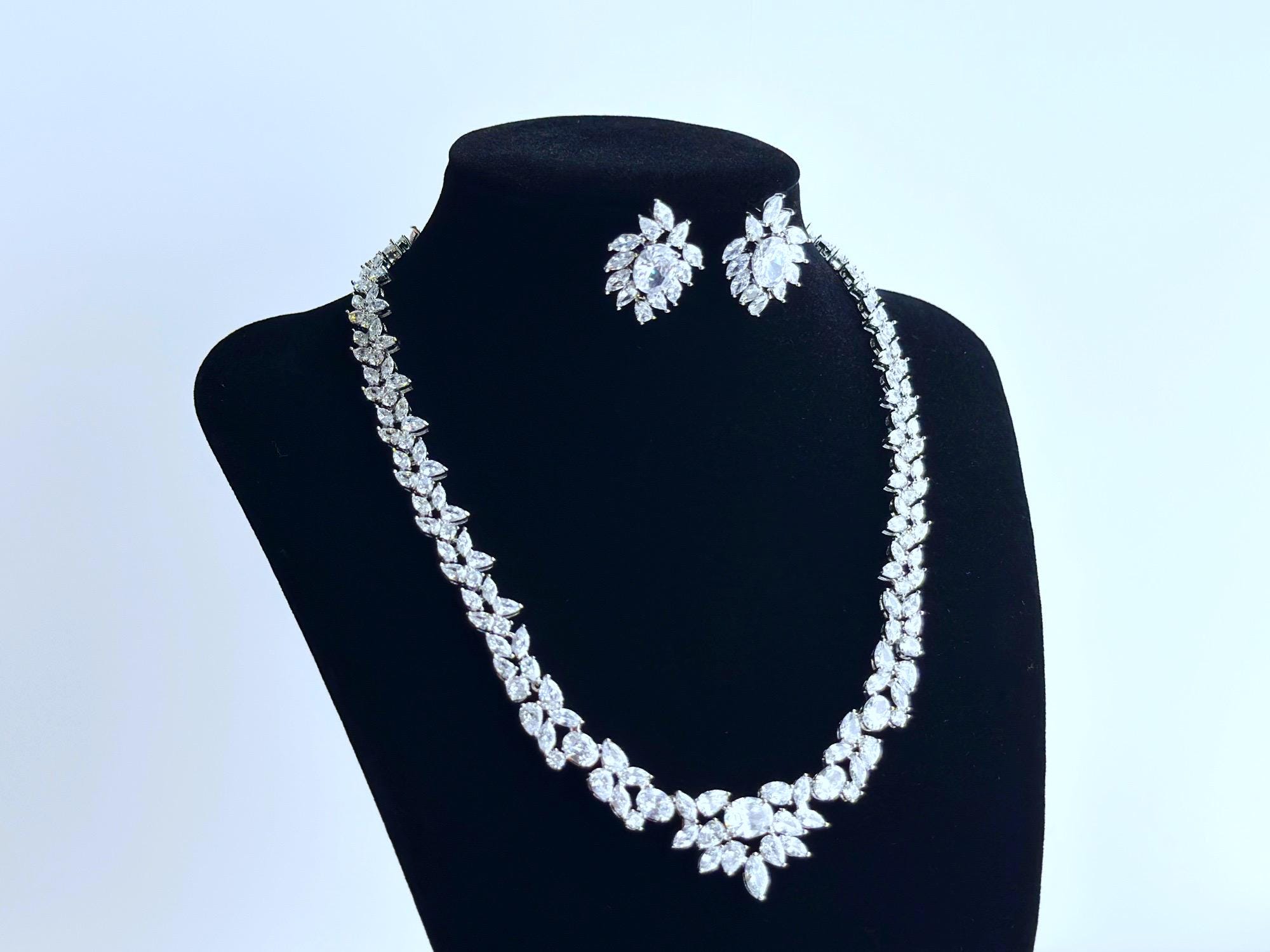 Cute Silver Bridal Jewelry Set, CZ Platinum Plated Necklace & Earring ...