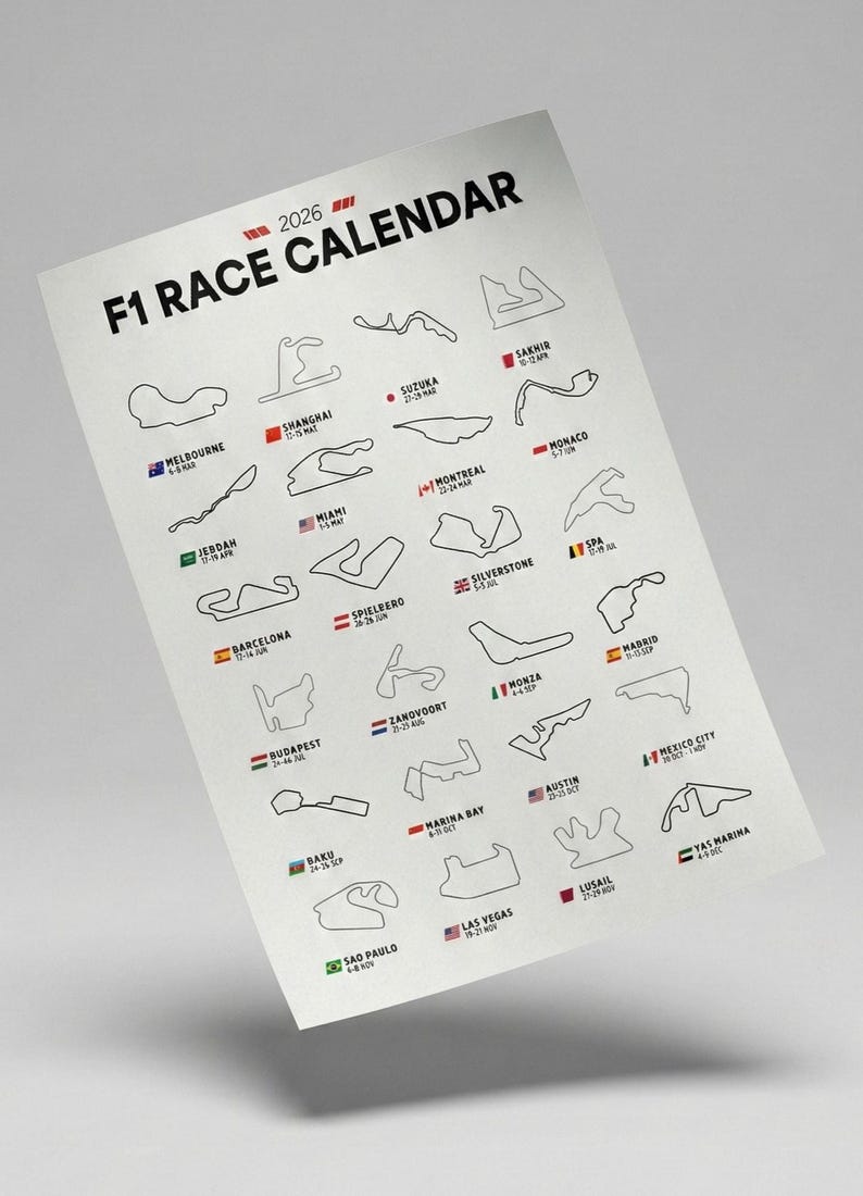 F1 2026 Race Calendar Poster Print - Formula 1 Circuit Wall Art ...