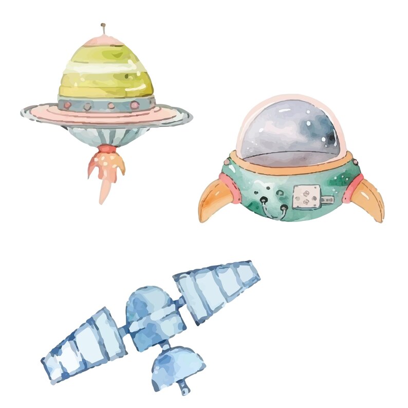 Space Clipart, Cute Space With Watercolor Planets and Rockets, Outer ...