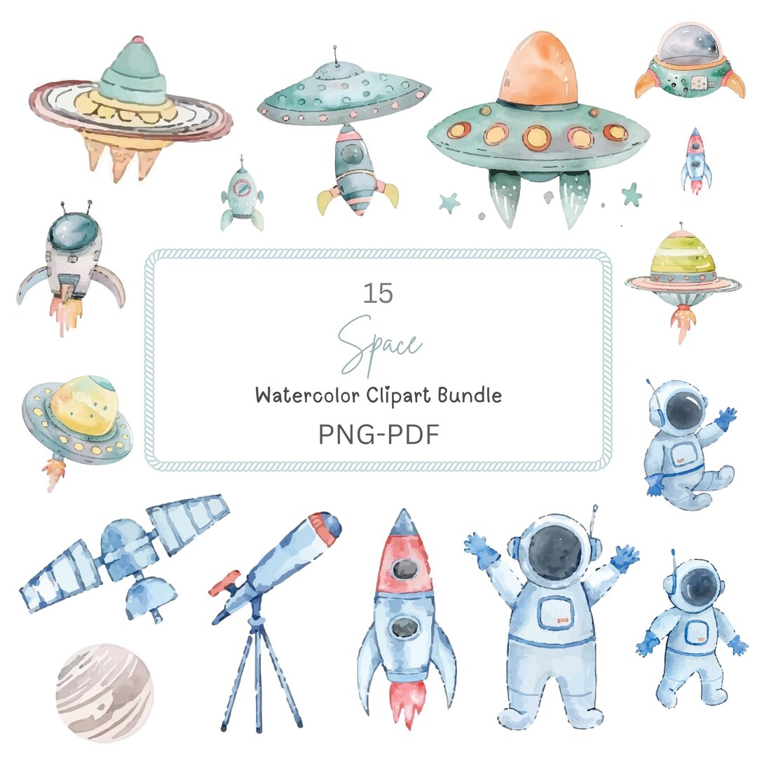 Space Clipart, Cute Space With Watercolor Planets and Rockets, Outer ...