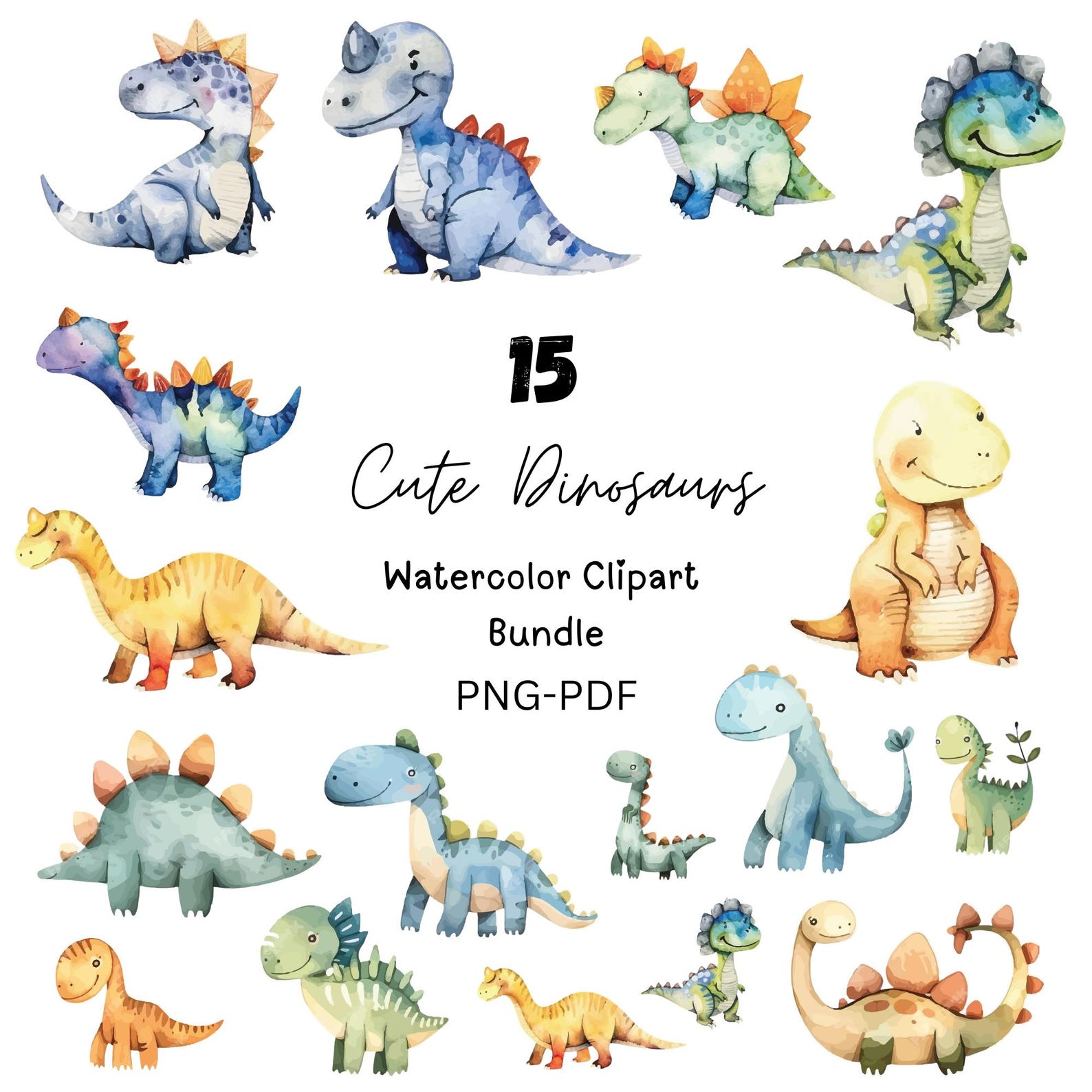 Dinosaurs Watercolor Clipart, Cute Dino Clip Art, Neutral Dinosaur PNG ...
