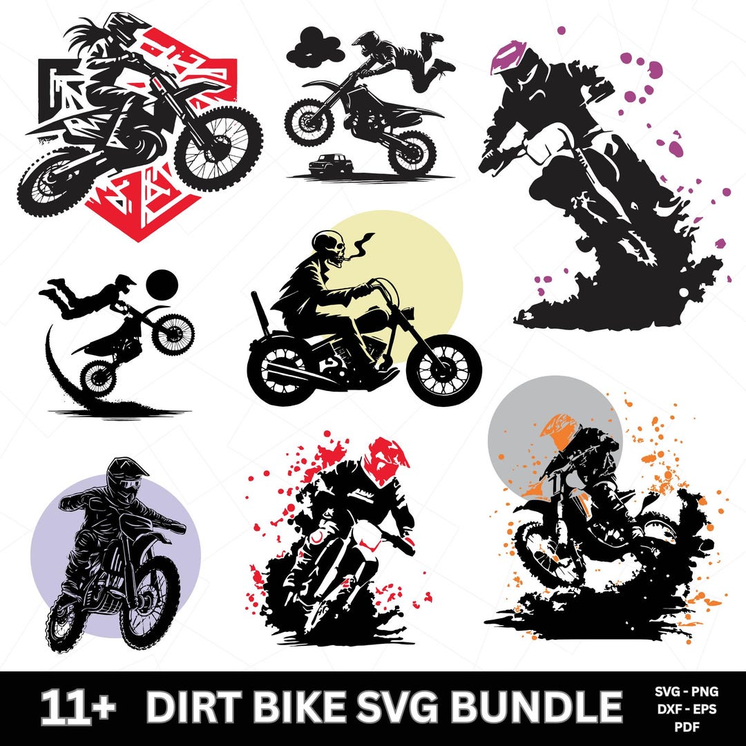 Motocross Dirt Bike SVG Bundle, Rider Silhouettes With Mud Splashes ...