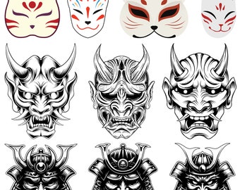 Japanese Mask SVG Bundle, Demon Mask Svg, Demon God Asia, Samurai Mask ...