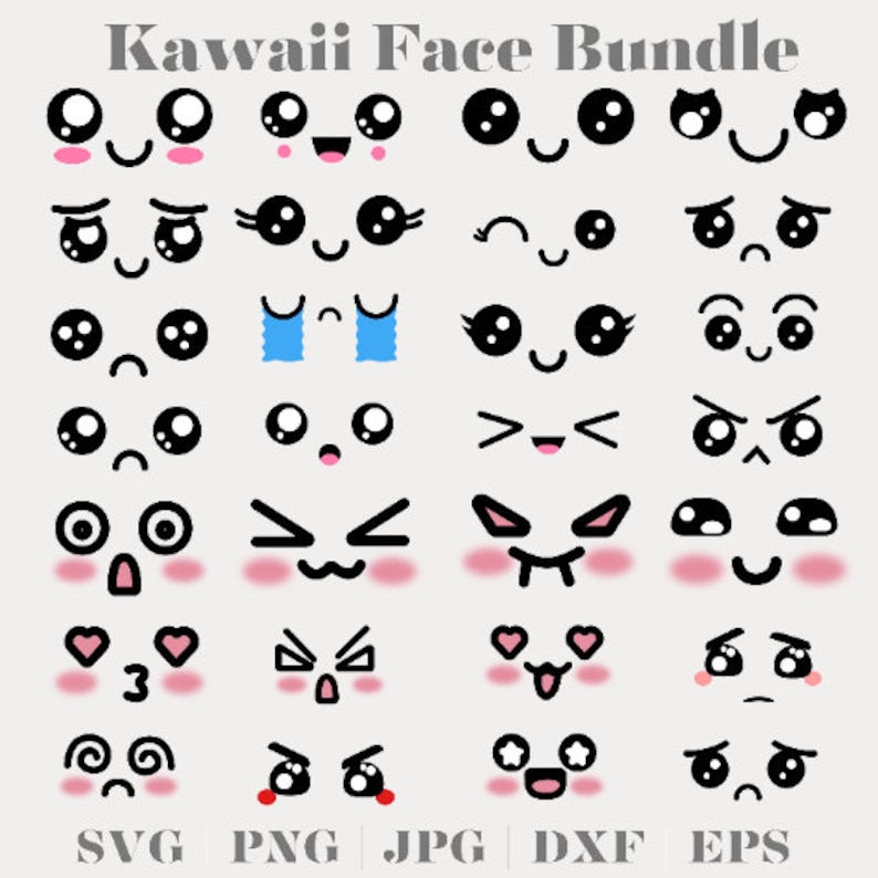 Cute Kawaii Svg Face Bundle, Emoji Face Svg, Emotion Face Bundle ...