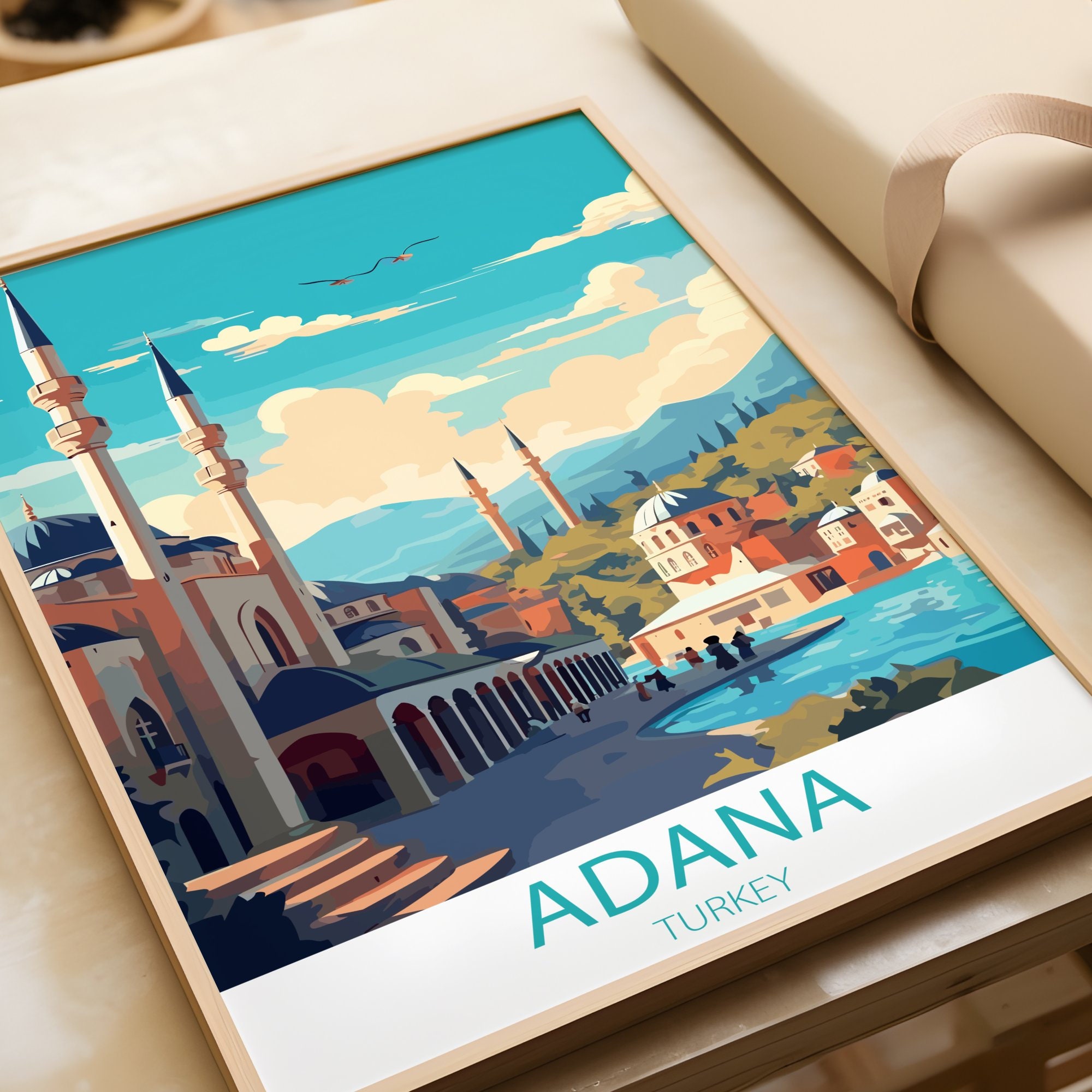 Adana Turkey Vintage Travel Poster, Retro Cityscape With Mosques and ...