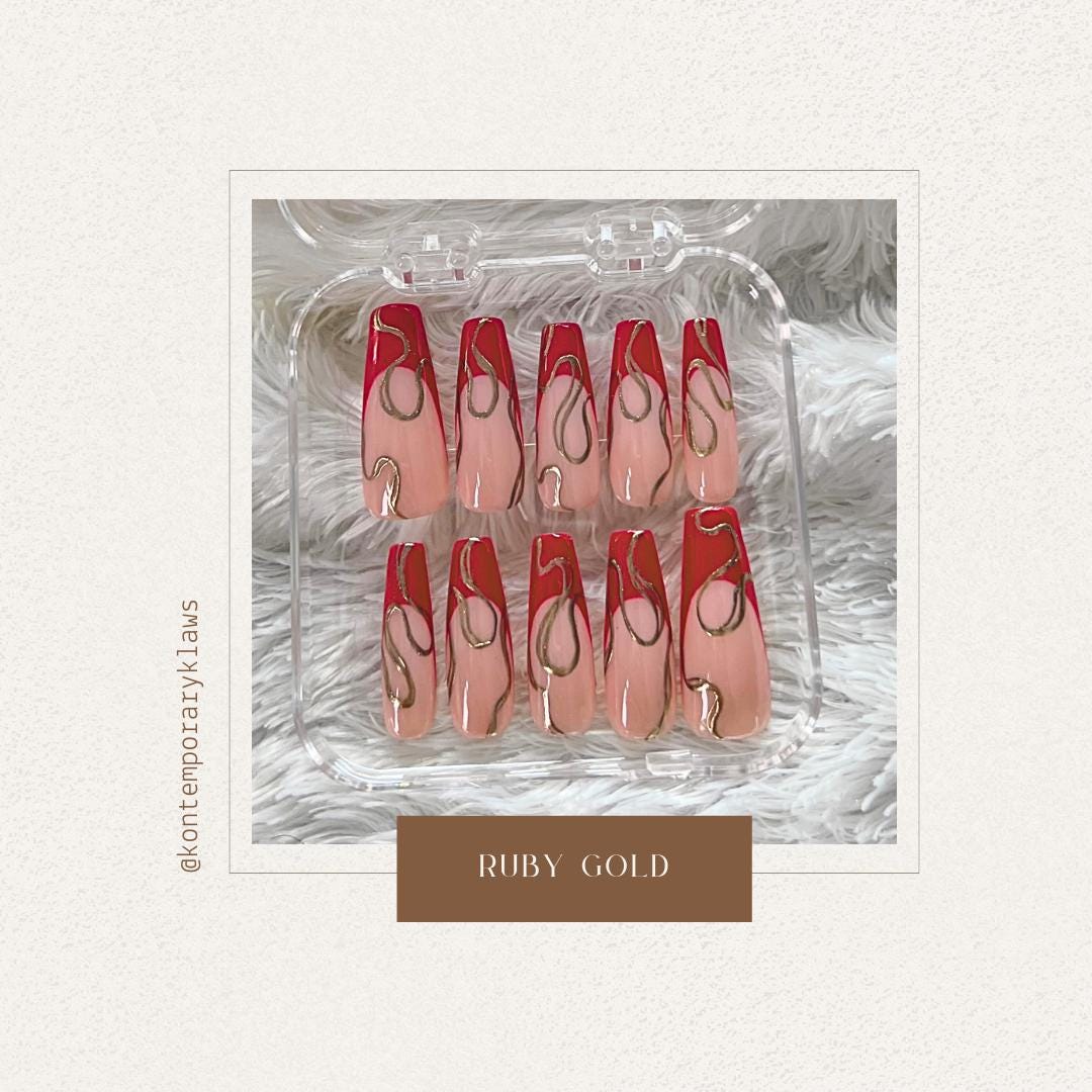 Ruby Gold - Long Coffin Press-on Nails; Red French With Gold Isolated ...