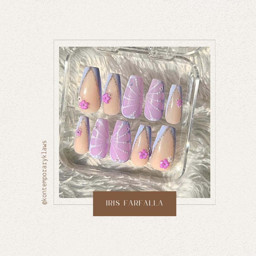 Iris Farfalla - Medium Coffin Press-on Nails; Purple French, Butterfly, and Flower Charms ...