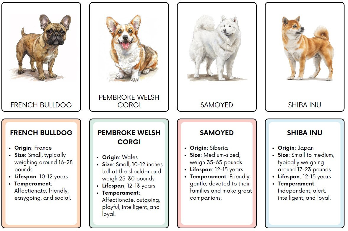 36 Different Dog Breeds, Educational Flashcards With Characteristics ...