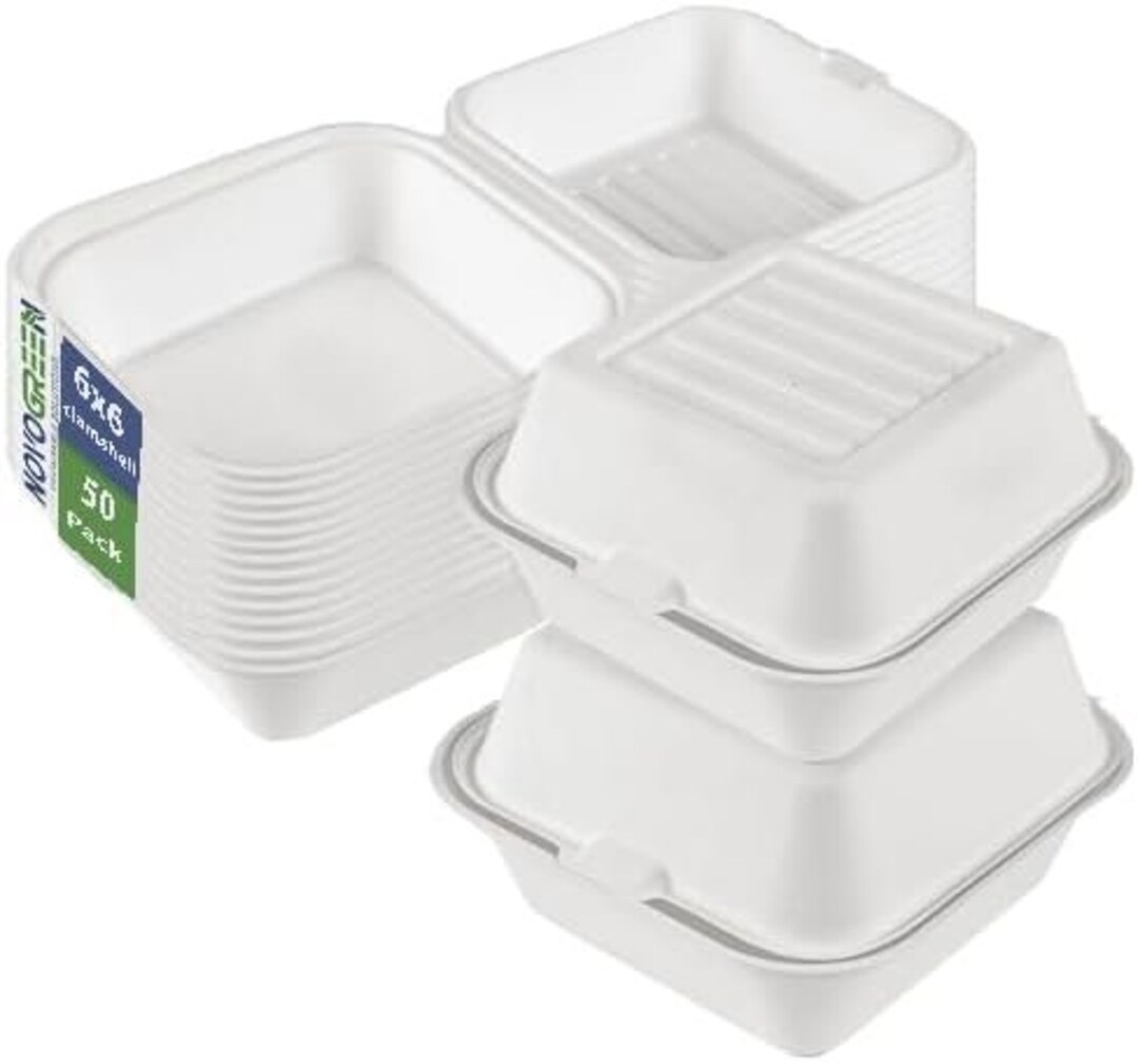 NOVOGREEN 6x6 Inch Square White Compostable Bagasse Clamshell Takeaway ...