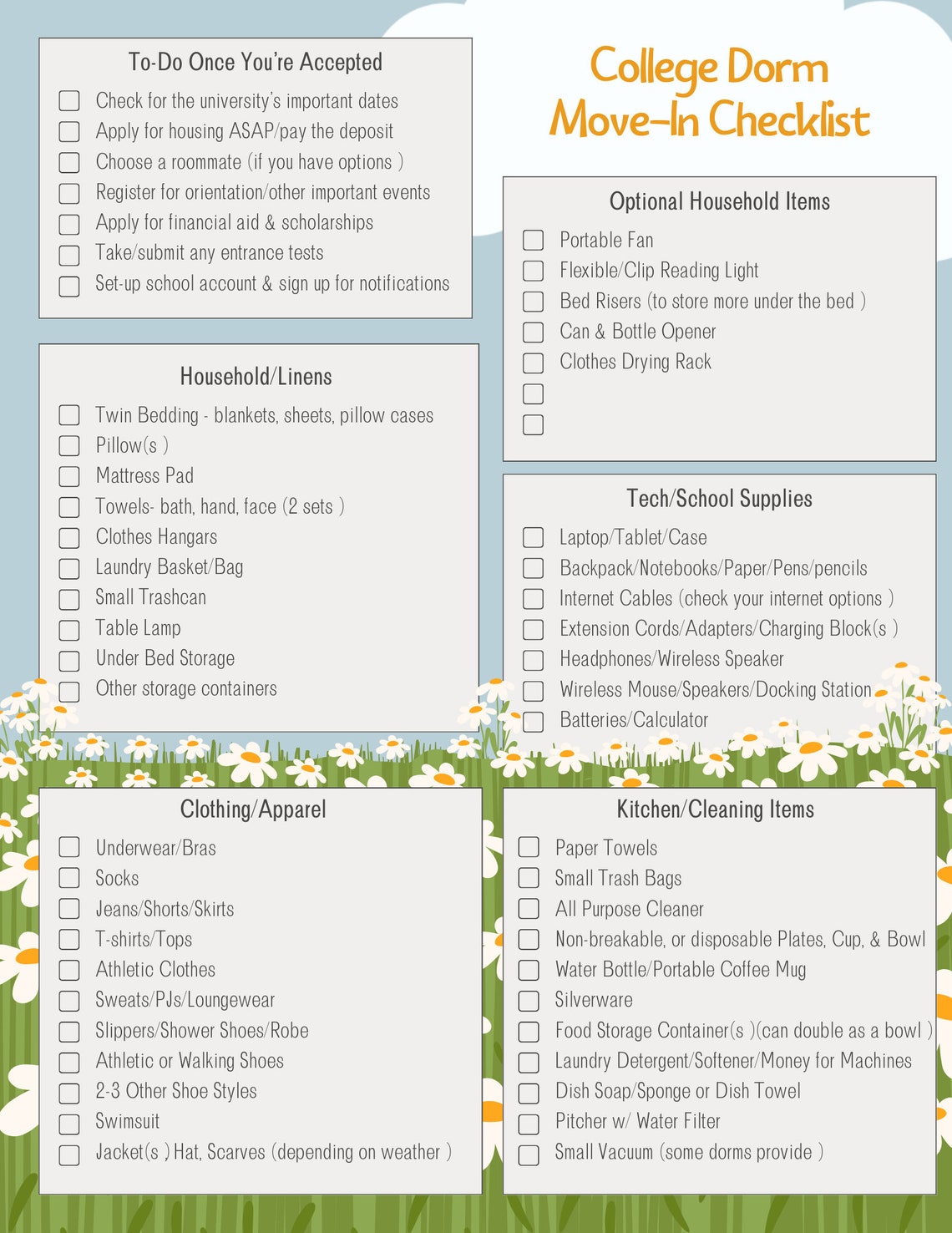 College Dorm Move-in Checklist, University Planning, Cute Aesthetic ...