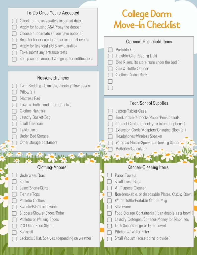 College Dorm Move-in Checklist, University Planning, Cute Aesthetic ...