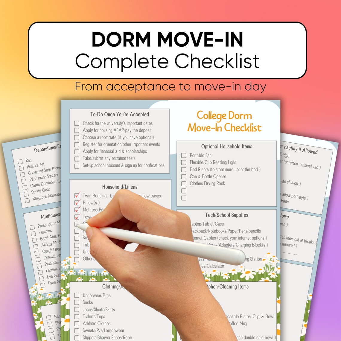 College Dorm Move-in Checklist, University Planning, Cute Aesthetic ...