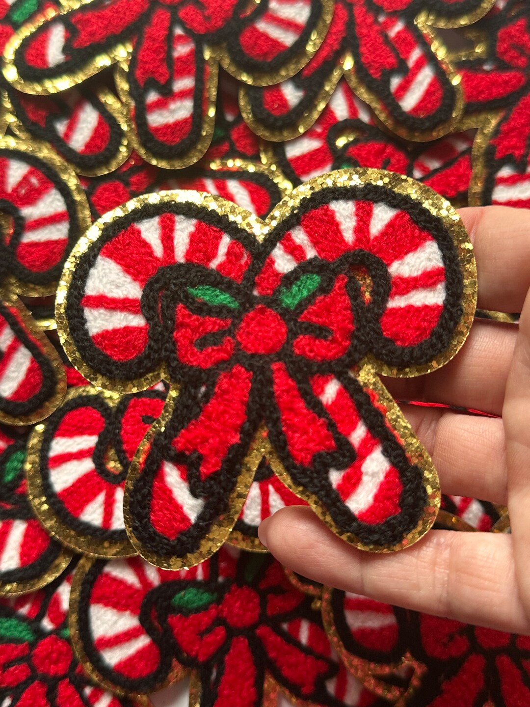 Christmas Double Candy Cane Bow Patch, Chenille Iron on Patch, Glitter Border Patch, Iron on ...