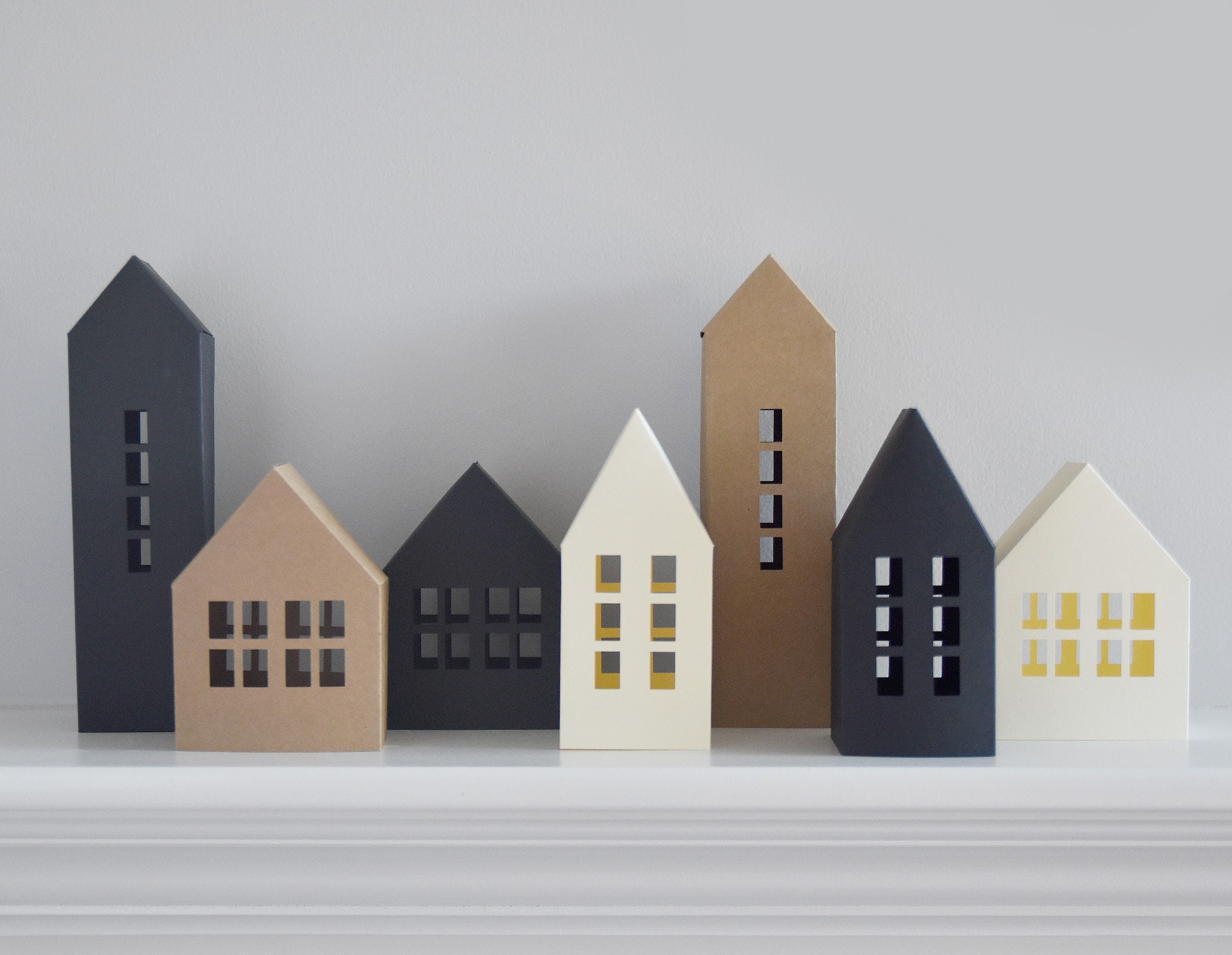 Neutral Paper Houses DIY Pre-cut Kit Set of 7 Small Putz-style Houses ...