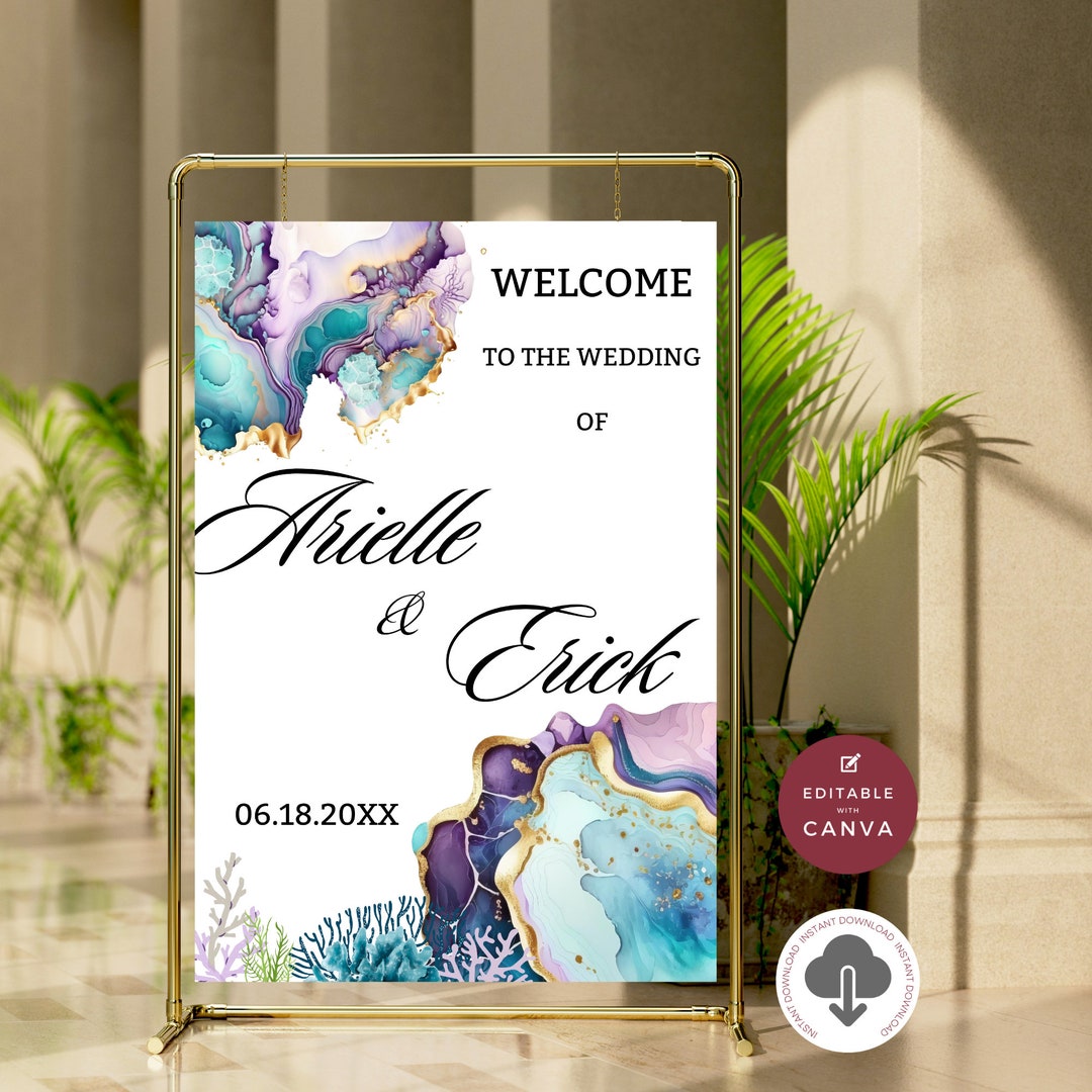 Beach Theme Wedding Welcome Sign Template | Welcome Sign Teal | Purple ...