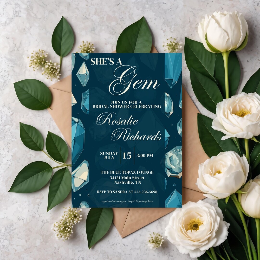 She's a Gem Bridal Shower Invitation | Blue Topaz | Geode Crystal Invite | Birthstone Shower ...