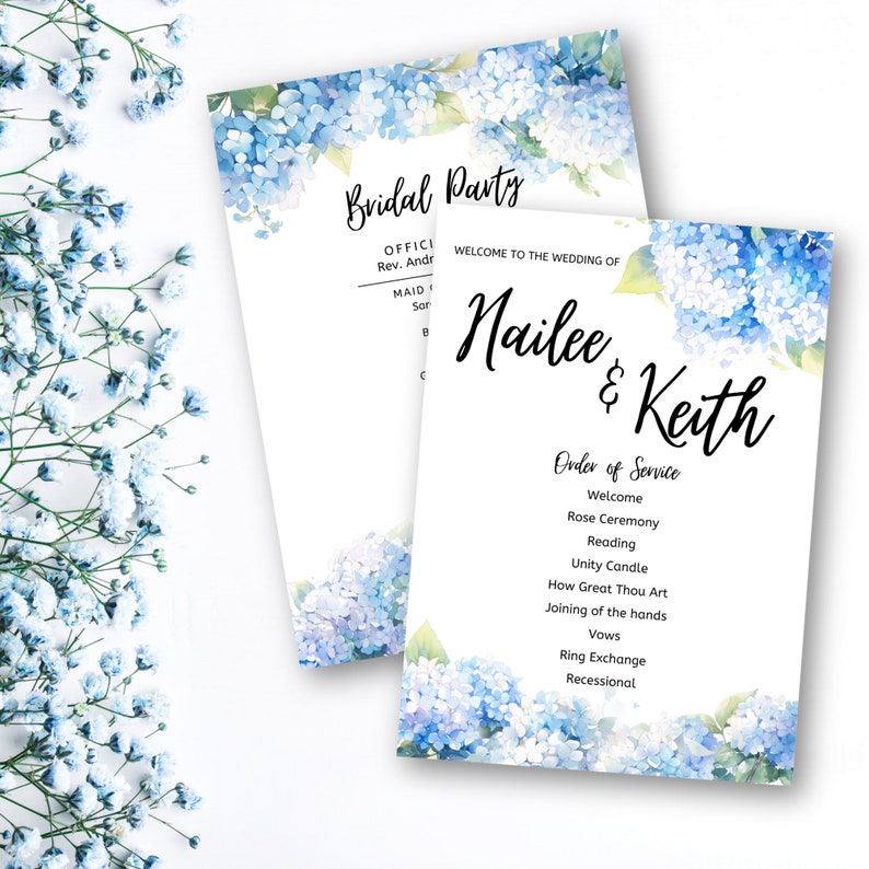 Ceremony Programs | Hydrangea Wedding Program Template | Order of Service | Editable Digital ...