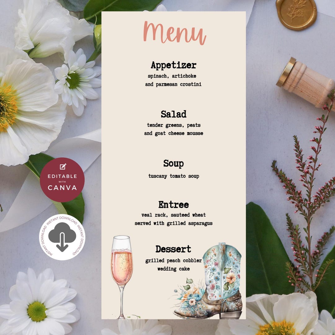 Rustic Bridal Shower Menu | Editable | Boots and Bubbly Bridal Shower ...