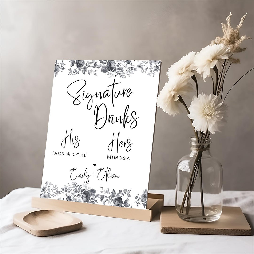 Editable Wedding Bar Menu and Signature Drink Sign Set, Black and White ...