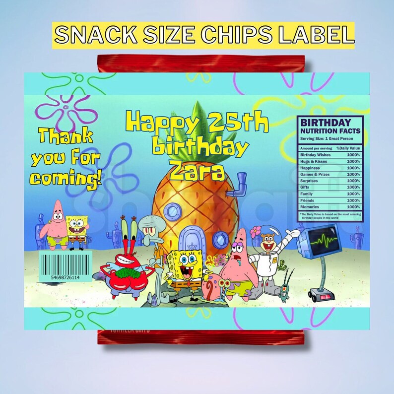 Snack Size Chips Label Customizable Spongebob Birthday Party Decor ...