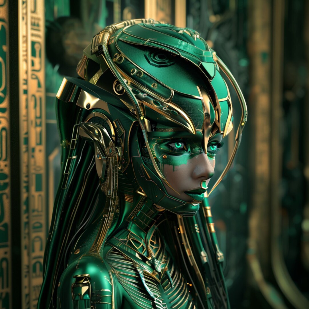 Futuristic Cyberpunk Poster Green Cyborg Woman Space Art Print Unique ...