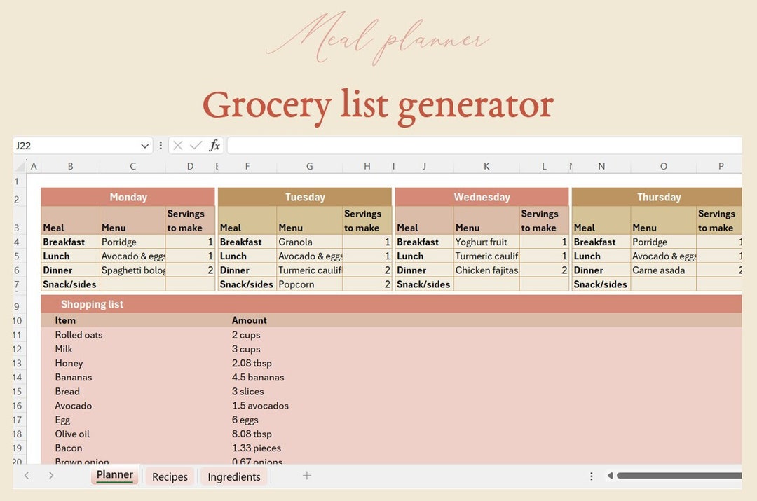 Grocery List Generator Automated Spreadsheet - Etsy