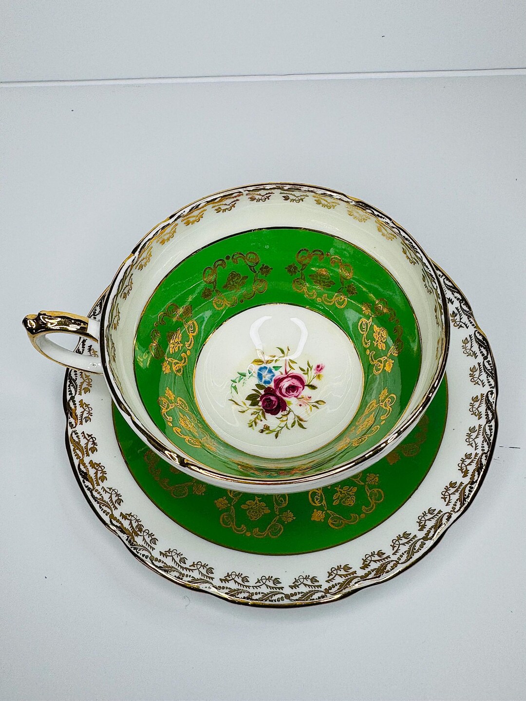 Vintage HM Sutherland Bone China Footed Tea Cup and Saucer Green and ...