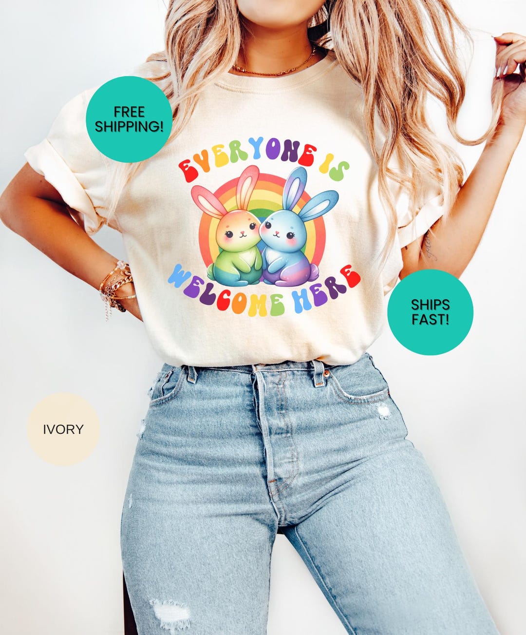 Pride Everyone is Welcome Here Rabbit T-shirt, Retro Rainbow Colors ...