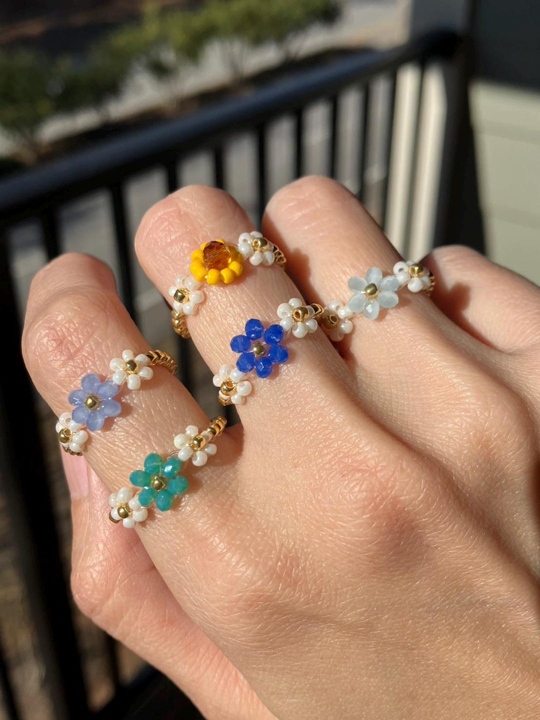 Flower Ring Gold, Daisy Beaded Ring, Sunflower Stackable Ring, Matching ...