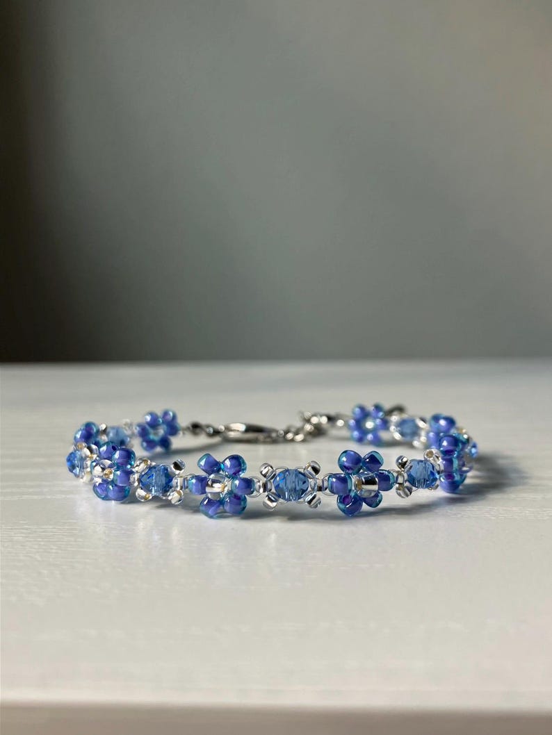 Aqua Blue Flower Bracelet Silver, Beaded Iridescent Cornflower Bracelet ...