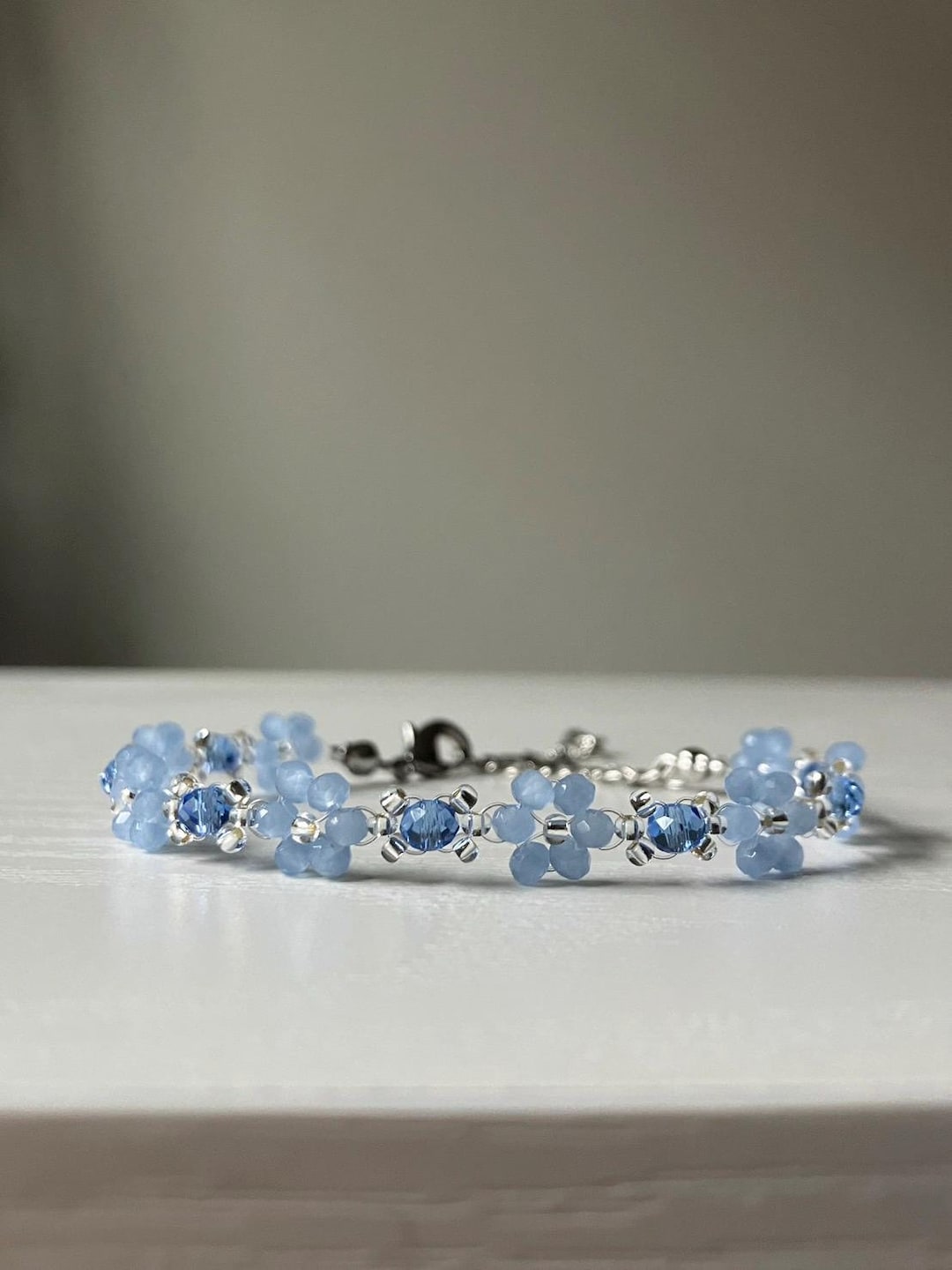 Dainty Blue Flower Bracelet Silver, Seed Bead Daisy Bracelet, Handmade ...
