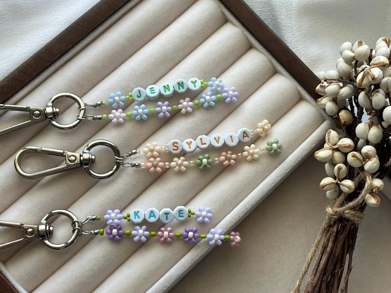 Custom Name Flower Charm Keychain Silver, Simple Cute Daisy Bag Charm ...