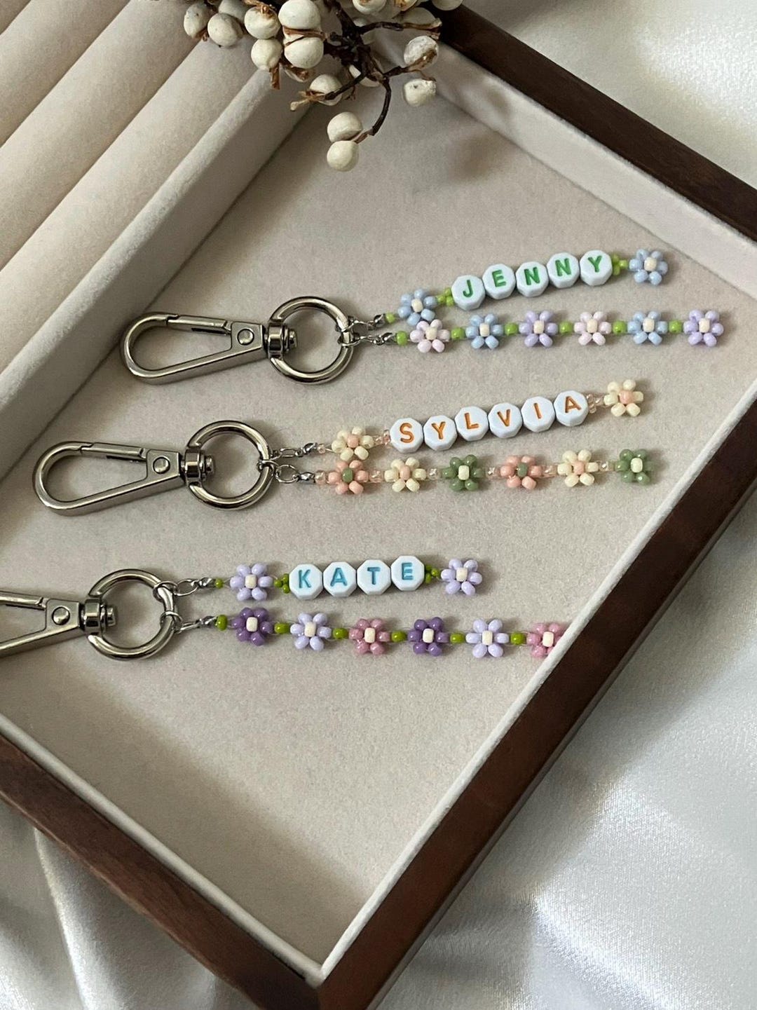 Custom Name Flower Charm Keychain Silver, Simple Cute Daisy Bag Charm ...